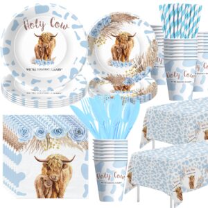 apowbls highland cow baby shower decorations, holy cow baby boy party supplies tableware, paper plate, cup, napkin, tablecloth, cutlery, blue boho highland cow baby shower table decorations | serve 24