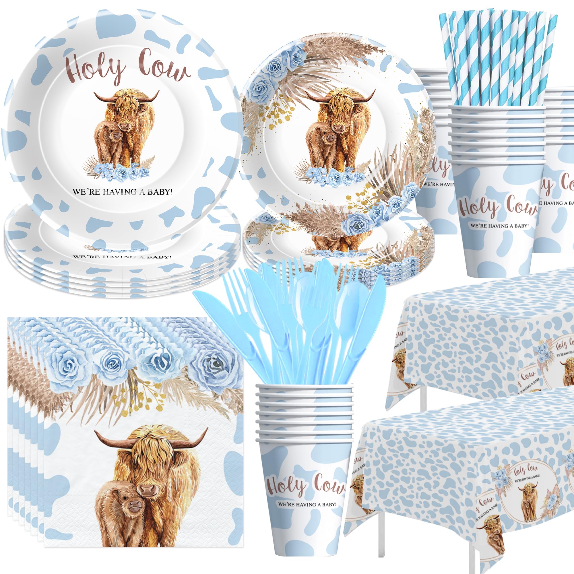 APOWBLS Highland Cow Baby Shower Decorations, Holy Cow Baby Boy Party Supplies Tableware, Paper Plate, Cup, Napkin, Tablecloth, Cutlery, Blue Boho Highland Cow Baby Shower Table Decorations | Serve 24