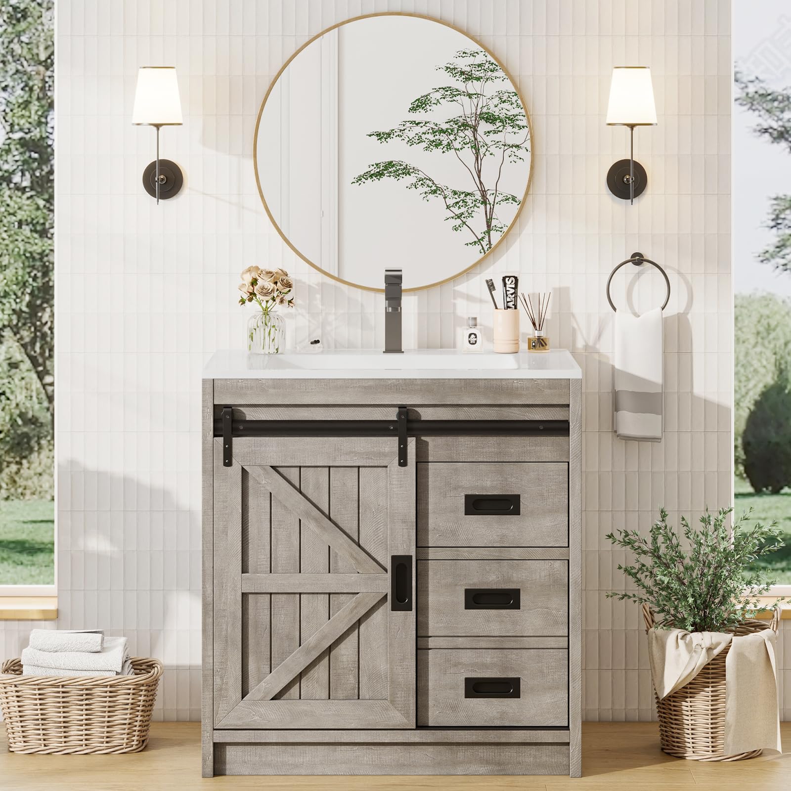 AMERLIFE Farmhouse Bathroom Vanity with Sink Combo, 31in Sliding Barn Door Bathroom Vanity Cabinet Set with Storage Drawers, Metal Handles, Small Single Bath Storage Vanity Sink, Light Grey