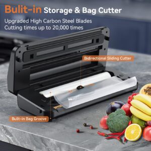 Pyukix Vacuum Sealer Machine, Food Sealer Machine 80KPA Fully Automatic 8-IN-1 Food Saver for Dry/Moist Mode with Build-in Cutter&Storage, Air Suction Hose, Digital Countdown, Roll Bag, 11 Vacuum Bags