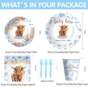 APOWBLS Highland Cow Baby Shower Decorations Tableware - Holy Cow Baby Boy Party Supplies, Paper Plate, Cup, Napkin, Disposable Fork, Blue Boho Highland Cow Baby Shower Table Decorations | Serve 24