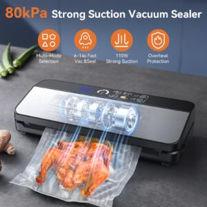 Pyukix Vacuum Sealer Machine, Food Sealer Machine 80KPA Fully Automatic 8-IN-1 Food Saver for Dry/Moist Mode with Build-in Cutter&Storage, Air Suction Hose, Digital Countdown, Roll Bag, 11 Vacuum Bags