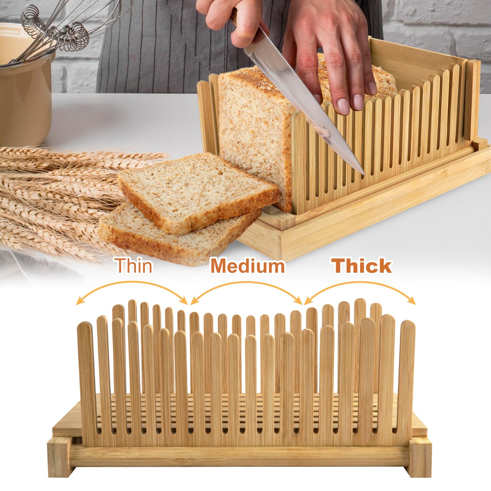 Bamboo Bread Slicer for Homemade Bread, Foldable Adjustable Slicing width Bread Slicing Guides, Makes Cutting Bagels or Even Bread Slices Easy