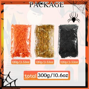 Gloreyan 3 Colors Halloween Crinkle Cut Paper Shred, Black Orange Gold Raffia Paper Sherd Filler Grass for Gift Wrapping Basket Filling Birthdays Weddings Party Supply(10.6 oz)