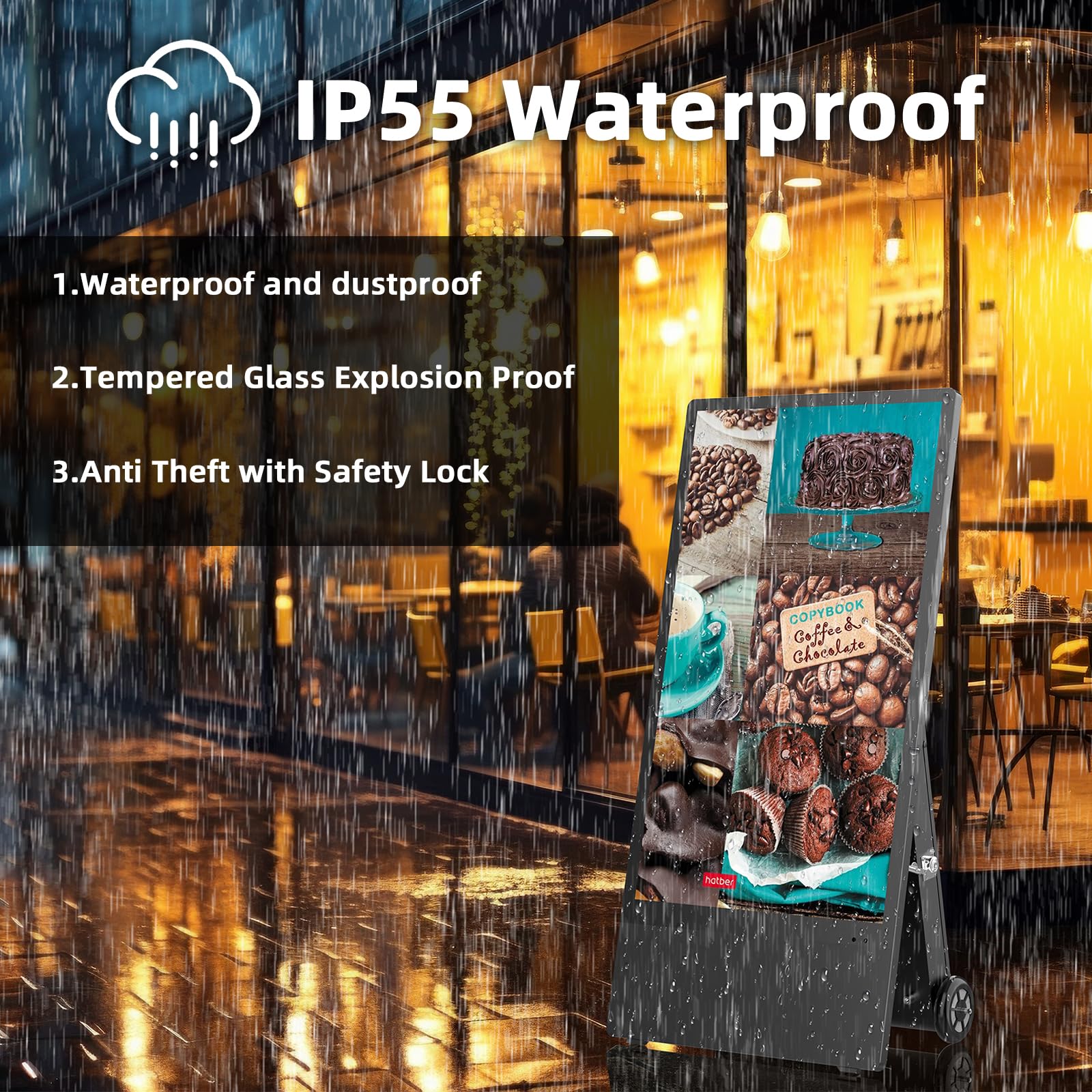 43 Inch Outdoor Digital Signage Displays,Rechargeable Digital Lcd Kiosks,Moveable Commercial Totem,IP55 Waterproof,Auto Adjustment High Brightness Screen(3840*2160),High Capacity Batterie,Android 9.0