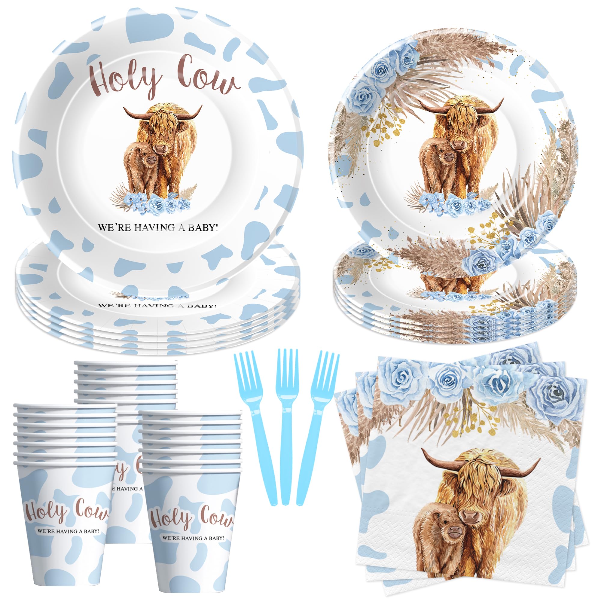 APOWBLS Highland Cow Baby Shower Decorations Tableware - Holy Cow Baby Boy Party Supplies, Paper Plate, Cup, Napkin, Disposable Fork, Blue Boho Highland Cow Baby Shower Table Decorations | Serve 24