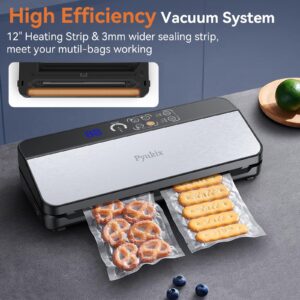 Pyukix Vacuum Sealer Machine, Food Sealer Machine 80KPA Fully Automatic 8-IN-1 Food Saver for Dry/Moist Mode with Build-in Cutter&Storage, Air Suction Hose, Digital Countdown, Roll Bag, 11 Vacuum Bags