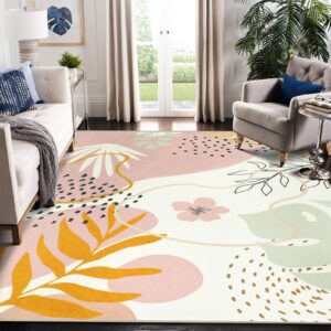 capslpad area rugs 5x7, boho rugs for living room, washable rugs, low pile soft non-shedding, pink botanical print rug for bedroom, office, classroom, nursery, dining room