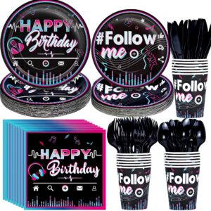 pycalow music theme party decorations tableware - music notes party decorations, paper plate, napkin, cup, disposable cutlery, music birthday baby shower party supplies dinnerware | 20 guests