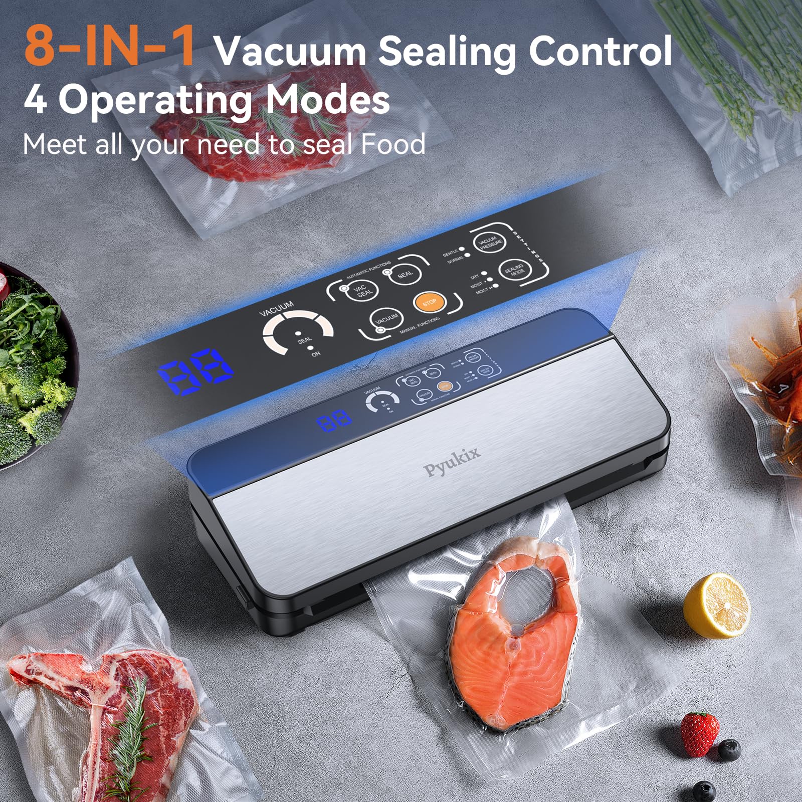 Pyukix Vacuum Sealer Machine, Food Sealer Machine 80KPA Fully Automatic 8-IN-1 Food Saver for Dry/Moist Mode with Build-in Cutter&Storage, Air Suction Hose, Digital Countdown, Roll Bag, 11 Vacuum Bags