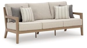 signature deisgn by ashley hallow creek outdoor sofa with cushion, 76" w x 36" d x 37" h, light brown & beige