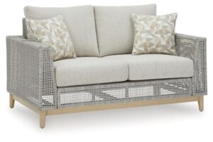 signature deisgn by ashley seton creek outdoor loveseat with cushion, 59" w x 37" d x 36" h, light brown & light gray