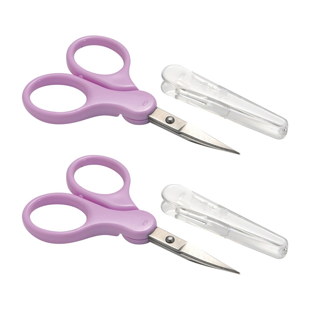 2 Pcs Small Craft Scissors Mini Sewing Scissors Embroidery Scissors Thread Cutter Scissors Fabric Cutting Scissors Straight Curved Tip Scissors with Protective Cover Purple Curved Tip