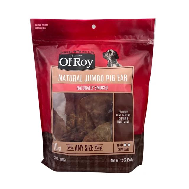 Ol's Roys Natural Jumbo Pig Ear Natural Chews for Dogs, Non-Ttoxic Pork Hide, 10 Count, 12 oz (2, Pork)