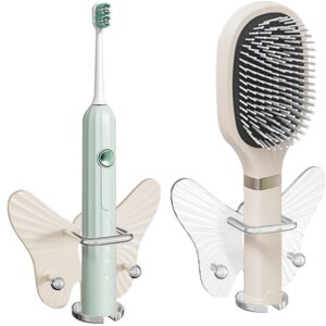 wayuto 2pcs butterfly hairbrush holders punch free comb holder wall-mount comb display rack rubber band hand mirror organizer plastic round hair brush storage holder for salon bathroom home