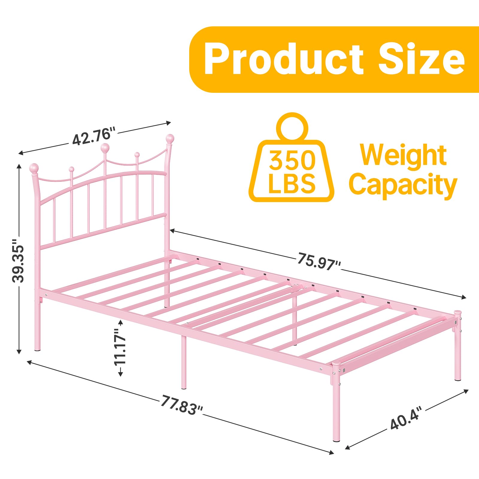 Weehom Twin Bed Frames with Headboard, Elegant Princess Bed for Girls Heavy Duty Metal Platform Bed Easy Assembly Under Bed Storage Space Twin Bed for Kids Adults, Pink