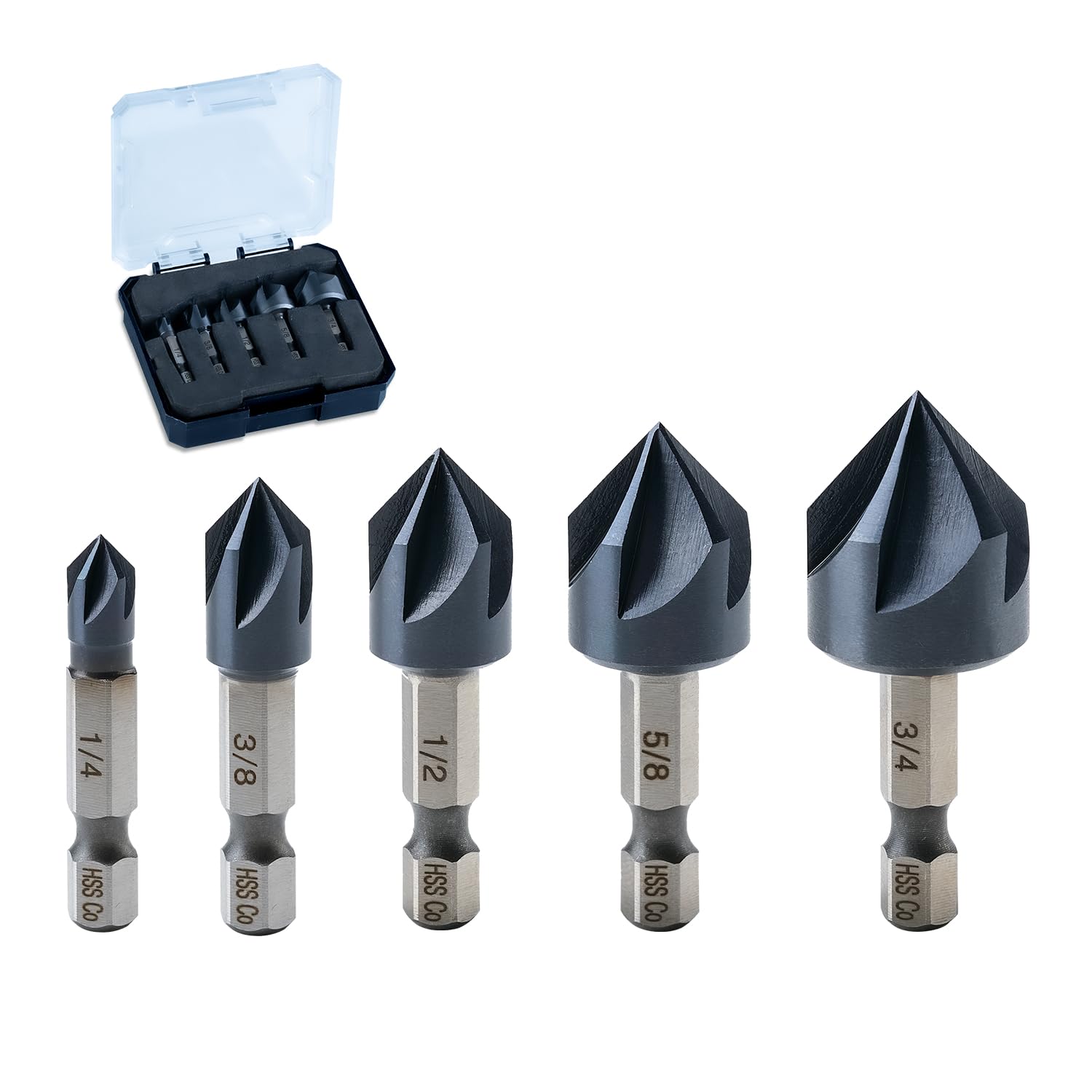 toolant Noir-Ti Cobalt Countersink Drill Bit Set(Pro), Titanium Aluminum Nitride Coated with Quick Change Hex Shank, 5-Piece 1/4" - 3/4"