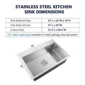 DuyviSteil 33x22 Inch Topmount or Drop In Kitchen Sink Worktation 16 Gauge Stainless Steel Single Bowl Kitchen Sink with Drainpipe