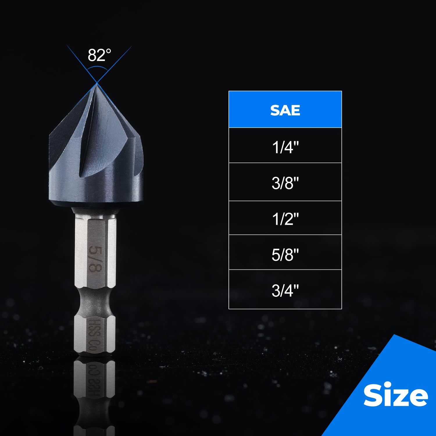 toolant Noir-Ti Cobalt Countersink Drill Bit Set(Pro), Titanium Aluminum Nitride Coated with Quick Change Hex Shank, 5-Piece 1/4" - 3/4"