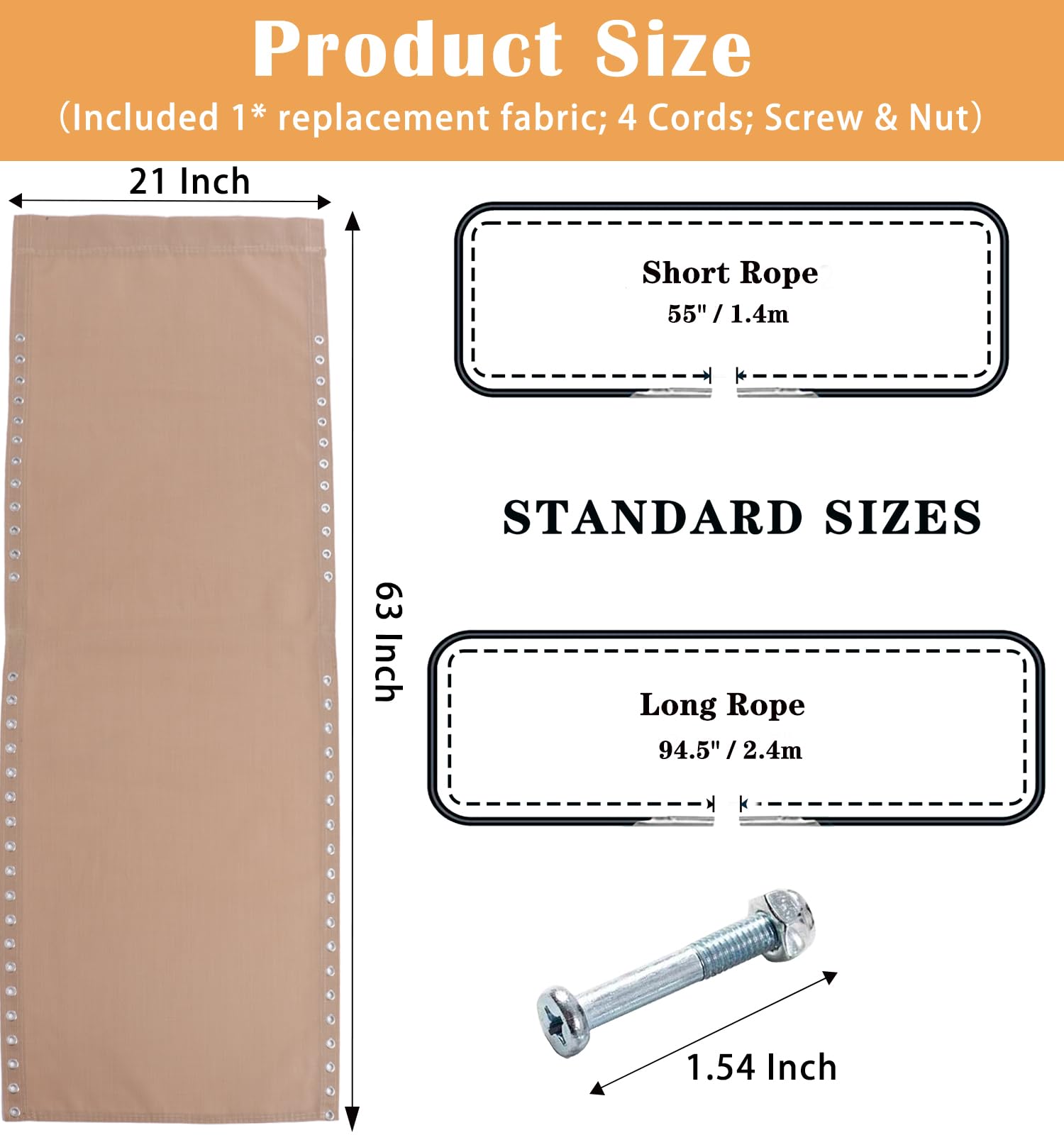 17" 19" 21" Wide Zero Gravity Chair Replacement Fabric, Repair Cloth with 4 Gravity Chair Replacement Cord Screws Kit, Zero Gravity Chair Accessories for Sling Patio Lawn Lounge Chair, Tan