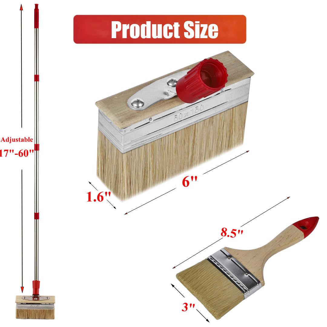 60" Long Handle 6" Deck Stain Brush Applicator with 3" Paint Brush, Block Staining Brushes for Woodstains, Oils, Decking Paints, Decking Stains, Deck Coatings, Fence Wall Furniture Paints