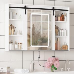 homsee farmhouse mirror medicine cabinet with sliding barn door, led light & defogger, bathroom wall vanity with door, shelves, adjustable light color & brightness, white (5.9" d x 47.2" w x 31.5" h)