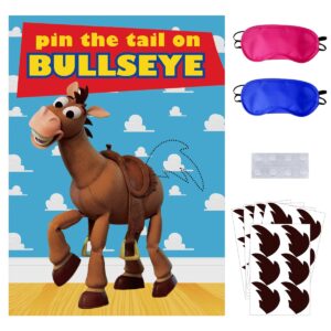 oulun toy inspired stories party supplies, pin the tail on the bullseye party game, large poster 24pcs reusable tail stickers for kids boys birthday party, toys 4th party favors