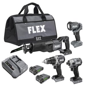 flex 24v brushless cordless 4-tool combo kit: drill driver, impact driver, reciprocating saw, work light with (2) 2.5 ah lithium batteries and 160w fast charger - fxm401-2a