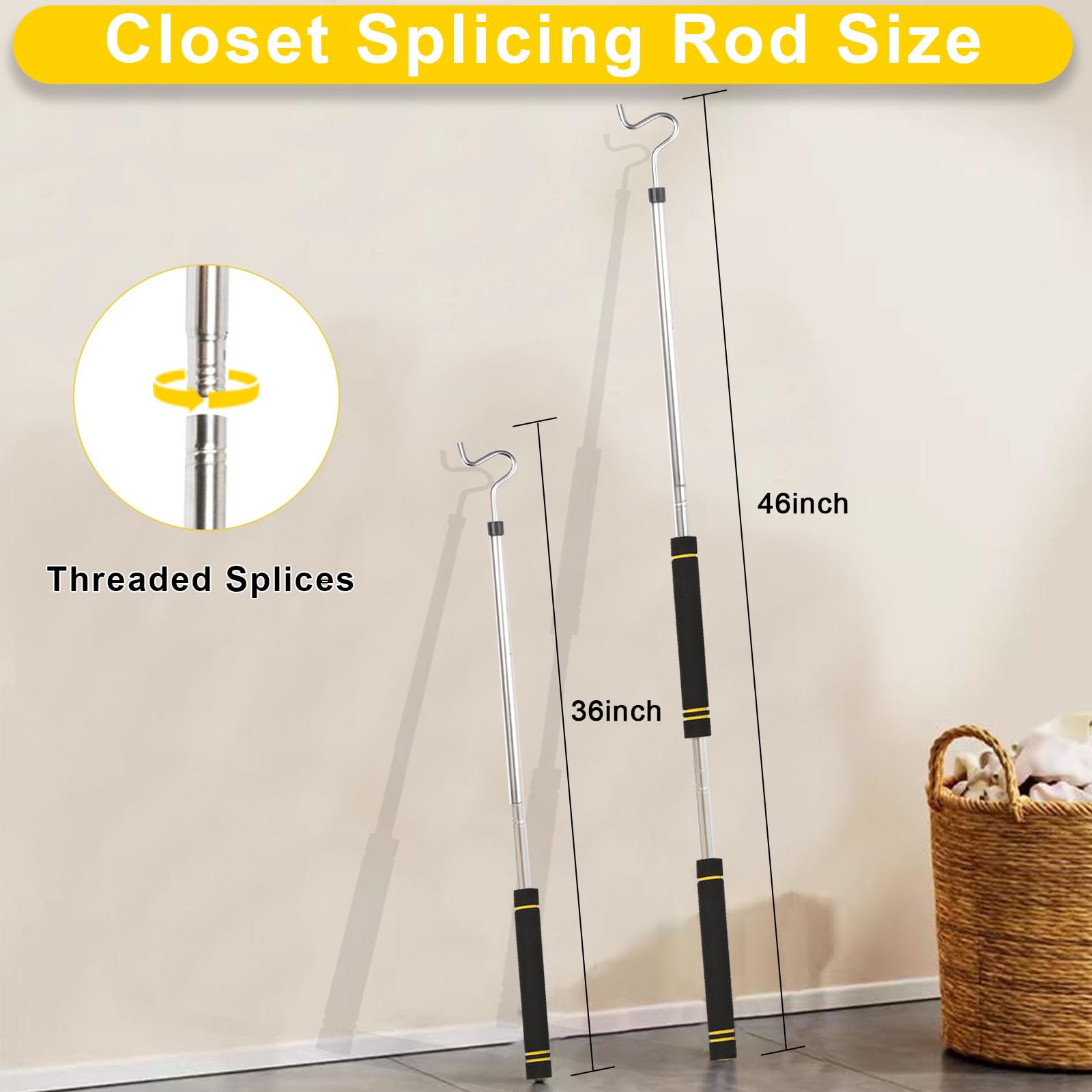 Clothes hook pole, closet hook to reach high hangers 36-46" Lightweight Spliceable S Hooks and Foam Handles (black)