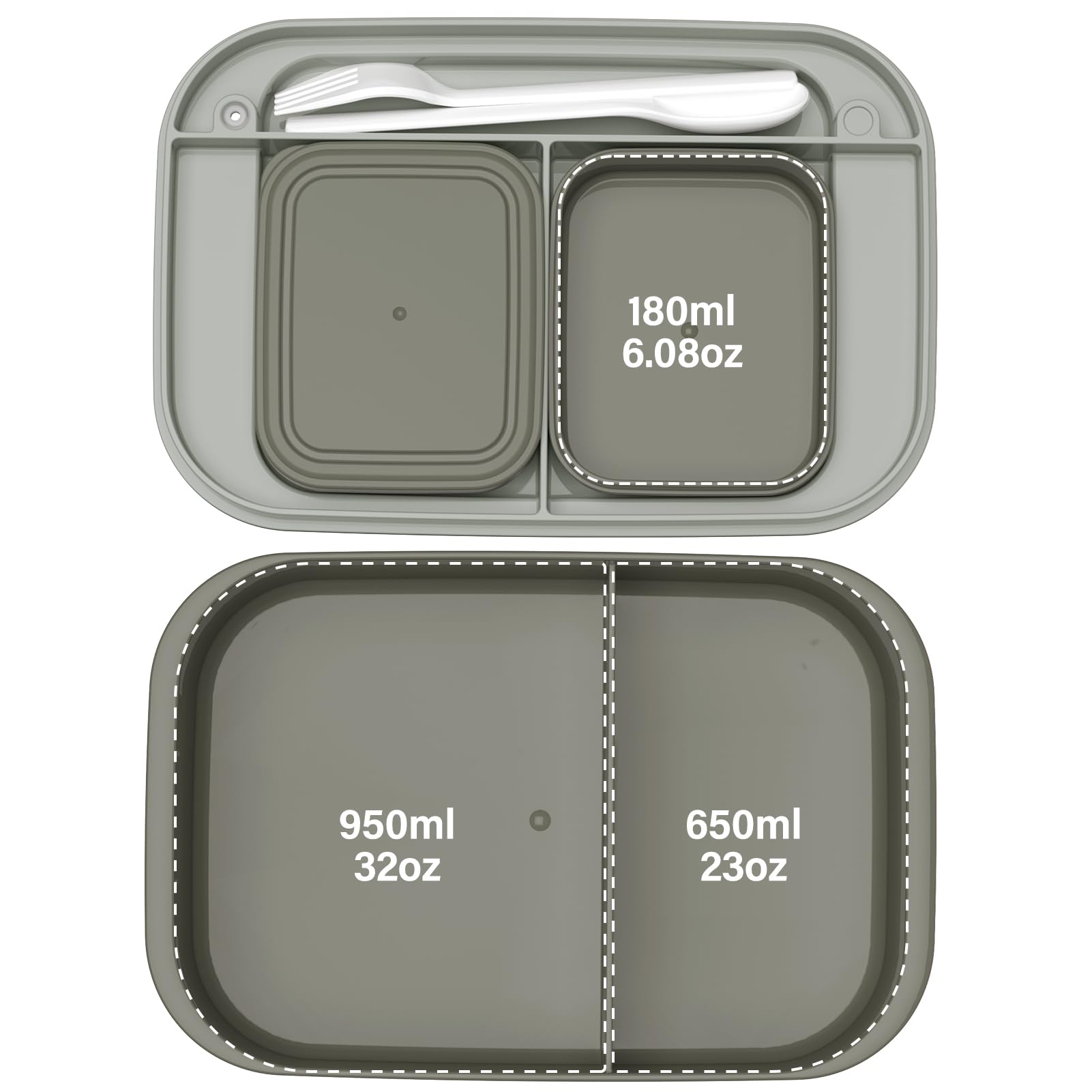 Adult Lunch Bento Box - 66oz / 1960ml Bento Box for Adult, Lunch Containers with 2 Sauce Containers & Utensil Set, 100% Leak Proof, BPA-Free, Dishwasher/Microwave Safe, Office, School & Picnic, Grey