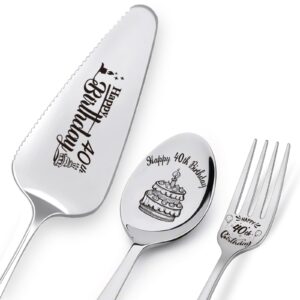 happy 40th birthday personalized laser-engraved stainless steel birthday party utensil set - cake server, spoon, and fork for mother father husband wife boyfriend girlfriend