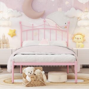 Weehom Twin Bed Frames with Headboard, Elegant Princess Bed for Girls Heavy Duty Metal Platform Bed Easy Assembly Under Bed Storage Space Twin Bed for Kids Adults, Pink