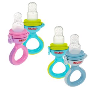 nuby baby’s first food dispenser with hygienic cover | baby’s first soft foods and teething | 2 pack: aqua & blue or pink & aqua | twist n' feed | promotes self feeding |10+ months