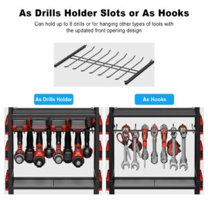 JUNNUJ Large Power Tool Organizer Cart with Charging Station, Garage Floor Standing Rolling Drill and Tools Battery Storage Cart on Wheels, Heavy Duty Utility Rack Shelf with 8 Outlet Power Strip, Red