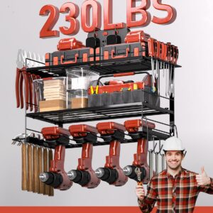 Gifts for Men Dad Husband Him, Power Tool Organizer Wall Mount, 4 Drill Modular Tool Storage Shelf with Hooks, Drill Holder for Garage Organization, Cool Anniversary Birthday Gifts for Men Women