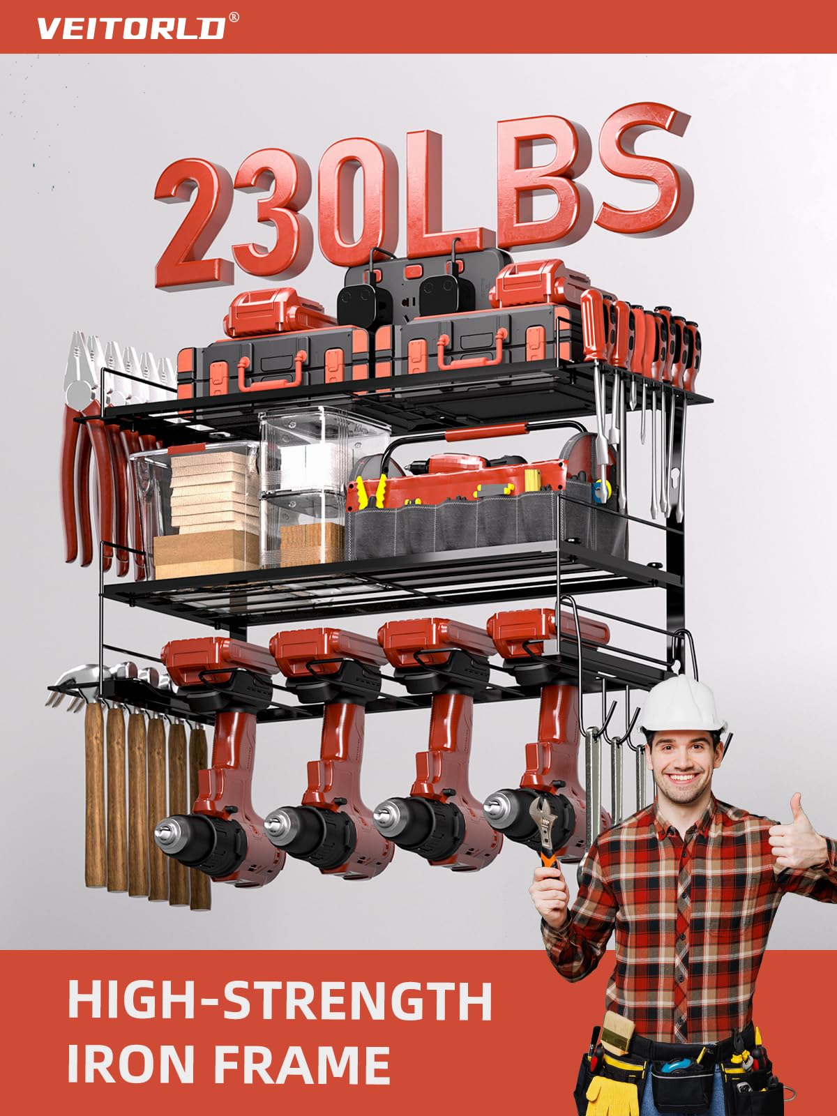 Gifts for Men Dad Husband Him, Power Tool Organizer Wall Mount, 4 Drill Modular Tool Storage Shelf with Hooks, Drill Holder for Garage Organization, Cool Anniversary Birthday Gifts for Men Women