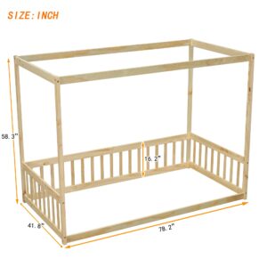 VilroCaz Twin Size Canopy Floor Bed with Fence for Kids Teens Boys& Girls, Solid Wood Montessori Beds Kids Platform Bed Frame, Easy to Assemble (Natural-CP)