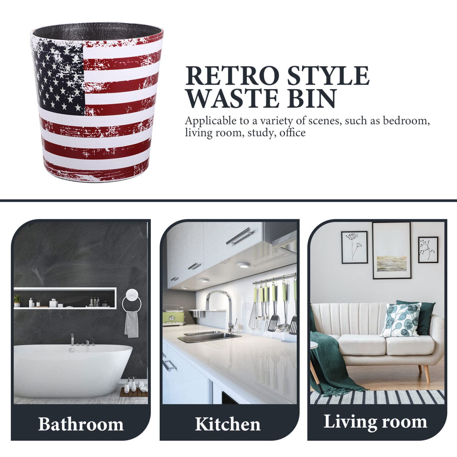 PRETYZOOM US Flag Vintage Leather Trash Can Wastebaske PU Leather Trash Bin Retro Toilet Paper Bin Garbage Can for Bathroom Kitchen Bedroom Office