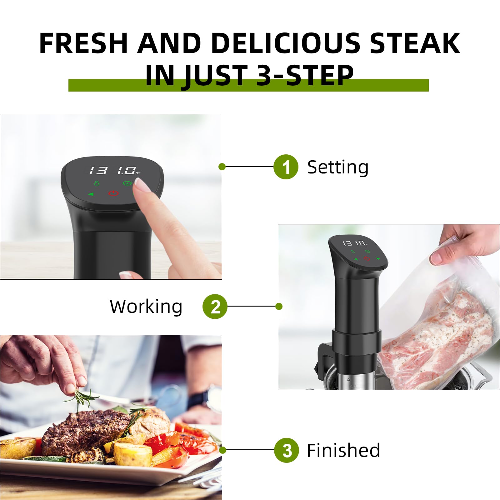 Sous Vide Machine, Sous Vide Cooker 1000W Fast Heating Immersion Circulator Cooker with Lid, Accurate Temperature and Time Control, Digital Display and Touch Control, Stainless Steel