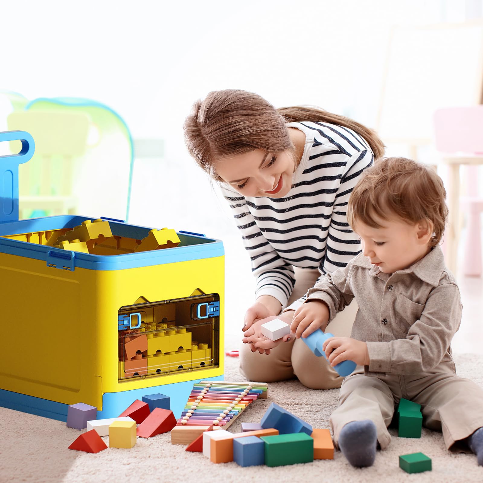 Collapsible Kids Storage Box with Building Base for Lego Toy Organizer Bins with Lids and Wheels Stackable Toys Chest Containers Building Block Bricks Storage Case for Children