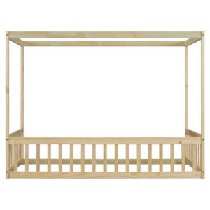 VilroCaz Twin Size Canopy Floor Bed with Fence for Kids Teens Boys& Girls, Solid Wood Montessori Beds Kids Platform Bed Frame, Easy to Assemble (Natural-CP)