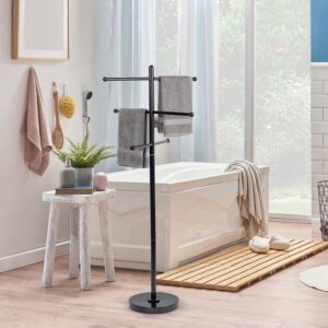 MyGift 5 Ft Tall Dark Brown Metal Floor Standing Bathroom Towel Stand Hanger Tree, Indoor Spa Pool Laundry Drying Rack with 6 Rungs for Hanging Towels or Clothing