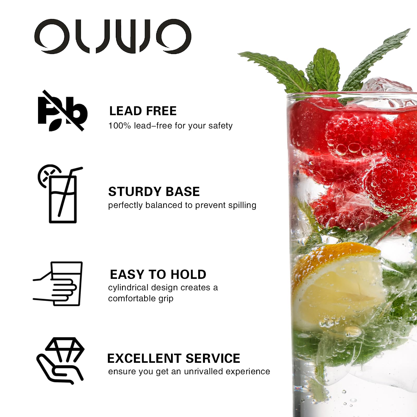 OUWO Highball Glasses Set of 6, 11.5oz Tall Drinking Glasses, Water Glass for Kitchen, Mojito Glass Cups, Cocktail Glasses for Bar Glassware