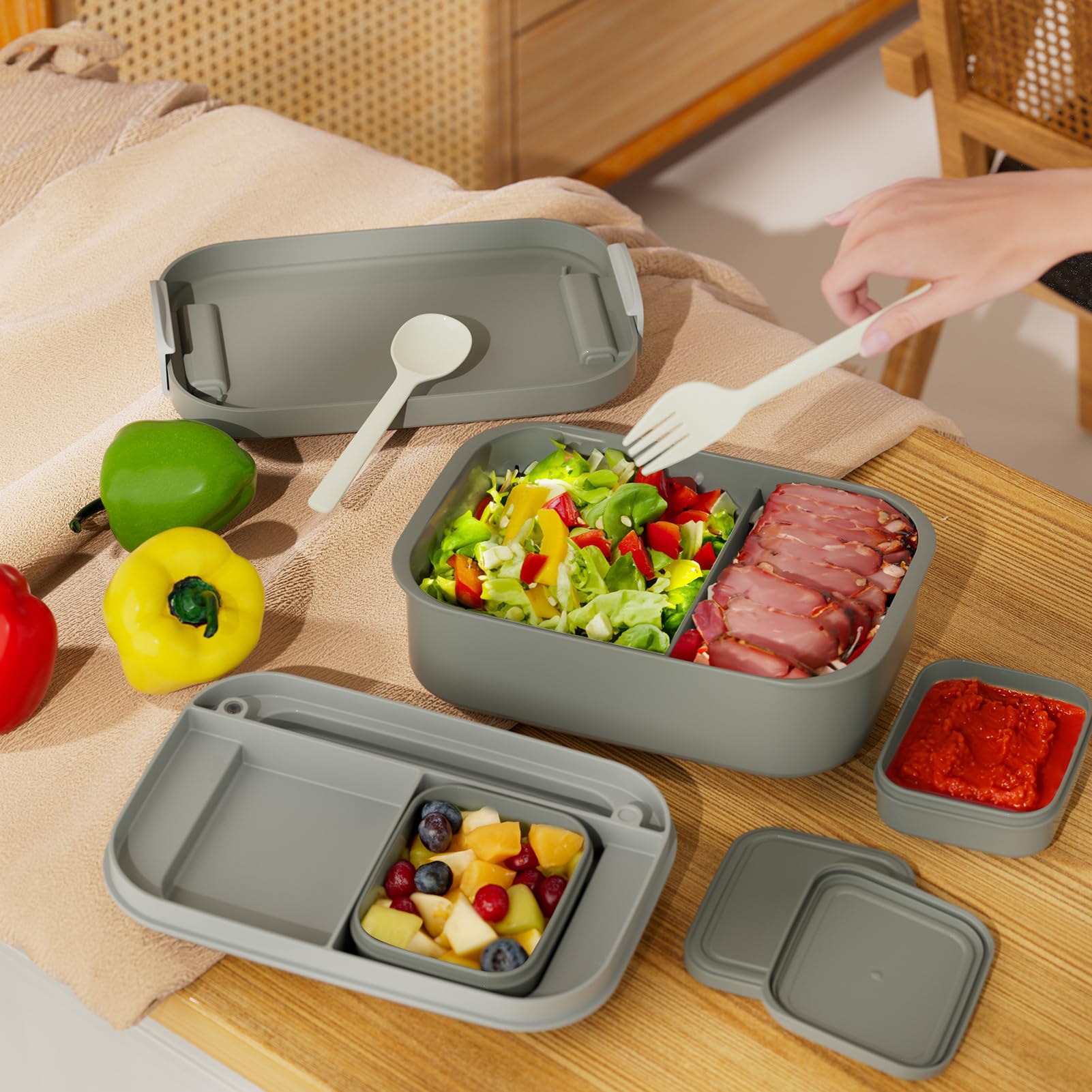 Adult Lunch Bento Box - 66oz / 1960ml Bento Box for Adult, Lunch Containers with 2 Sauce Containers & Utensil Set, 100% Leak Proof, BPA-Free, Dishwasher/Microwave Safe, Office, School & Picnic, Grey