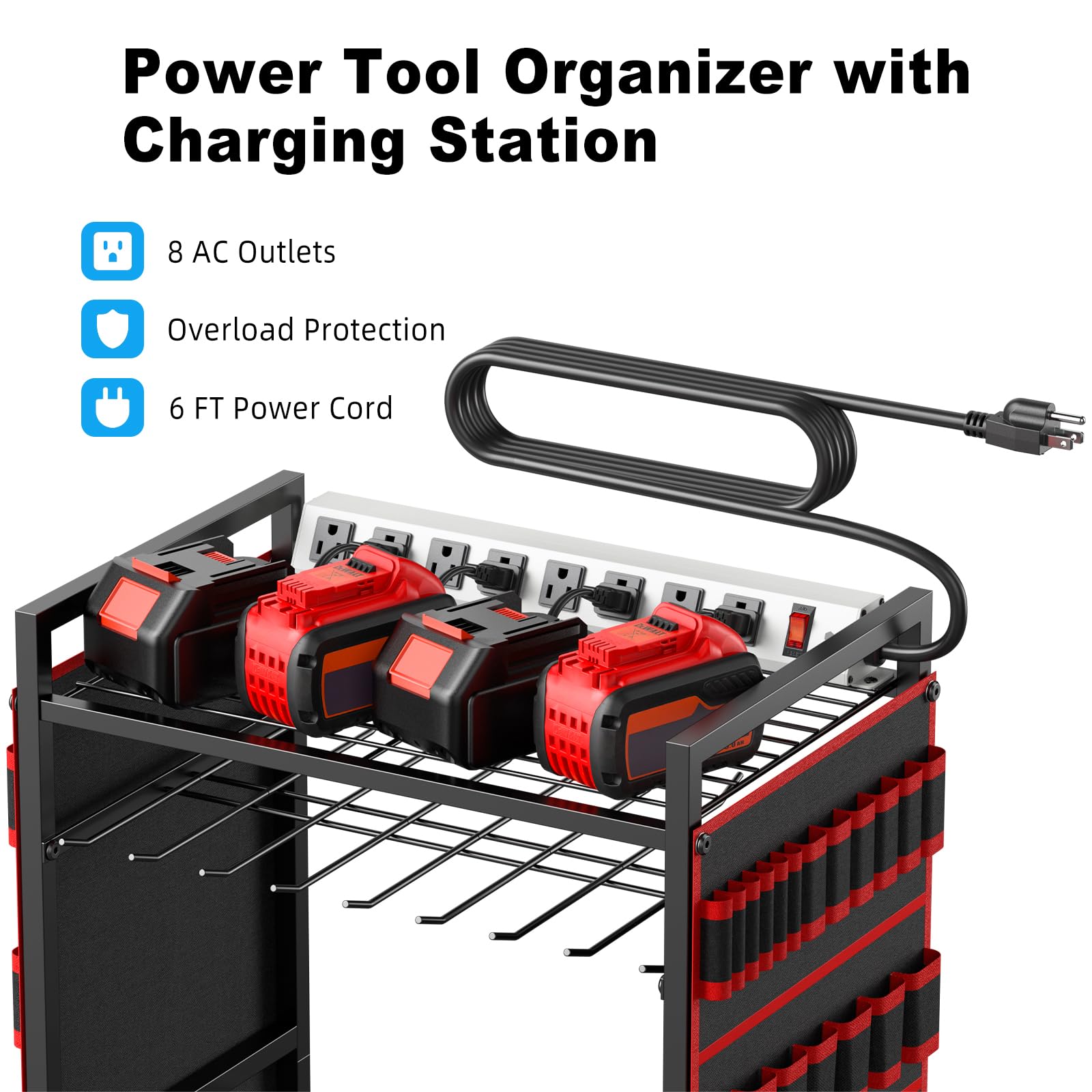 JUNNUJ Large Power Tool Organizer Cart with Charging Station, Garage Floor Standing Rolling Drill and Tools Battery Storage Cart on Wheels, Heavy Duty Utility Rack Shelf with 8 Outlet Power Strip, Red