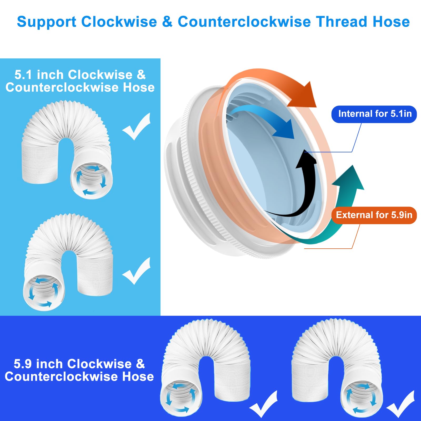 Portable Air Conditioner Hose Connector for Both 5.1"/5.9" Exhasut Vent Hoses with Clockwise & Counter Clockwise Threads, Universal Mobile AC Unit Vent Hose Coupler Coupling Extension