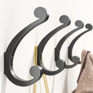 josmimic coat hooks wall mount for hanging - black large retro double hooks with screws, heavy duty coat hanger, holder 40lb, coat rack for towels, keys, hats, mug, bags, clothes, purse, 4 pack