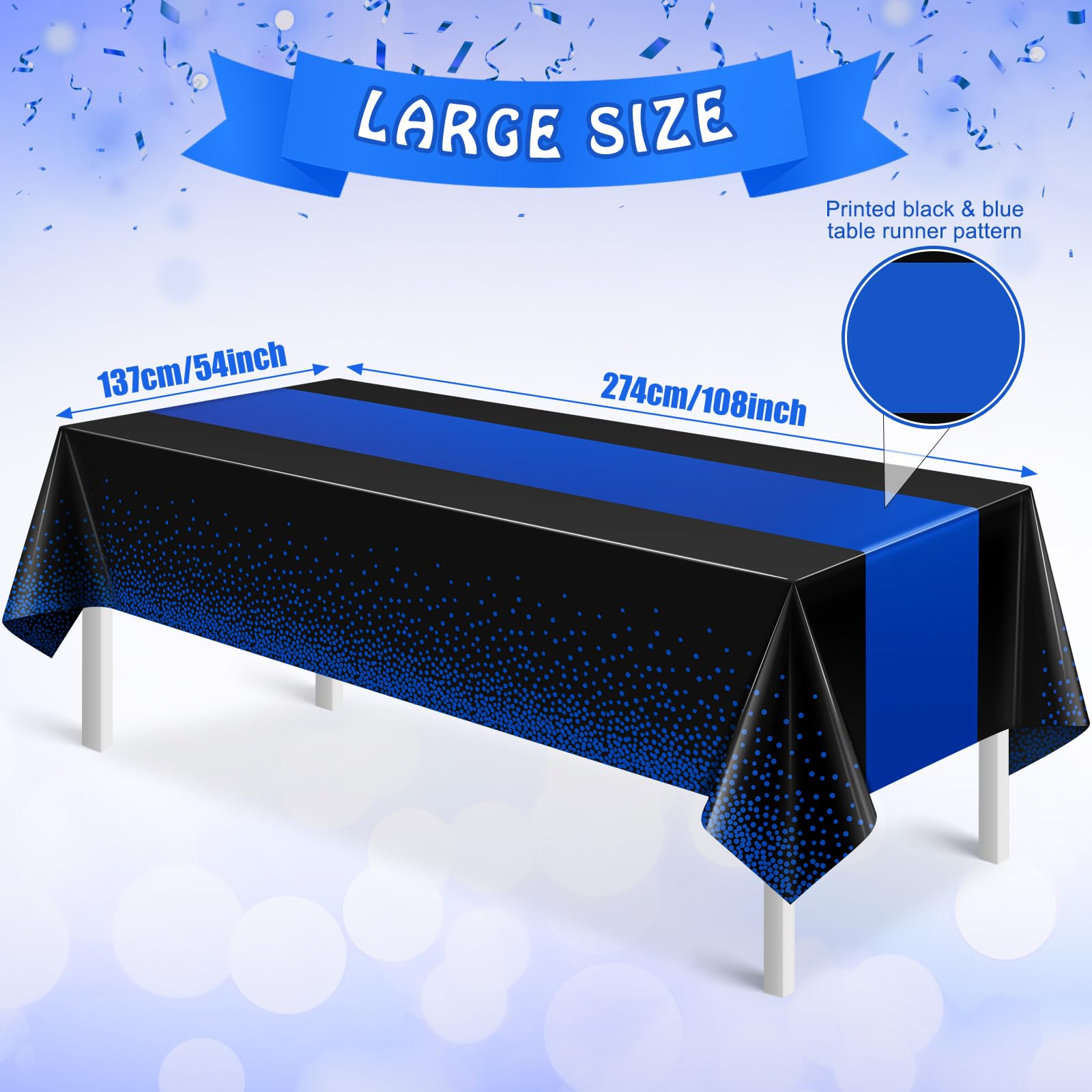 3Pcs Black and Blue Tablecloth Party Decorations,Plastic Black Table Cloth Printed Blue Table Runner Disposable Rectangle Table Cover for Birthday Wedding Anniversary Graduation Party,54 x108 Inch