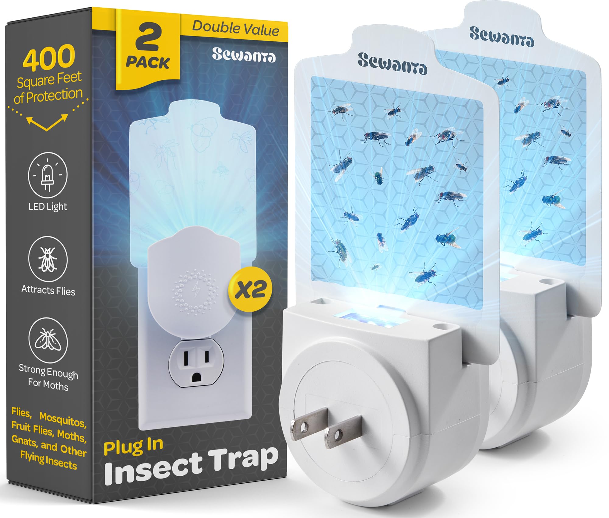 Fly Trap Indoor (2PK) Capture Flies, Moths, Fruit Flies, Gnats, Mosquito Trap, Plug-in Gnat Traps for House Indoor with Attractive UV Light Odor/Mess-Free. 600 Sq Ft Protection (2 Devices + 6 Refill)