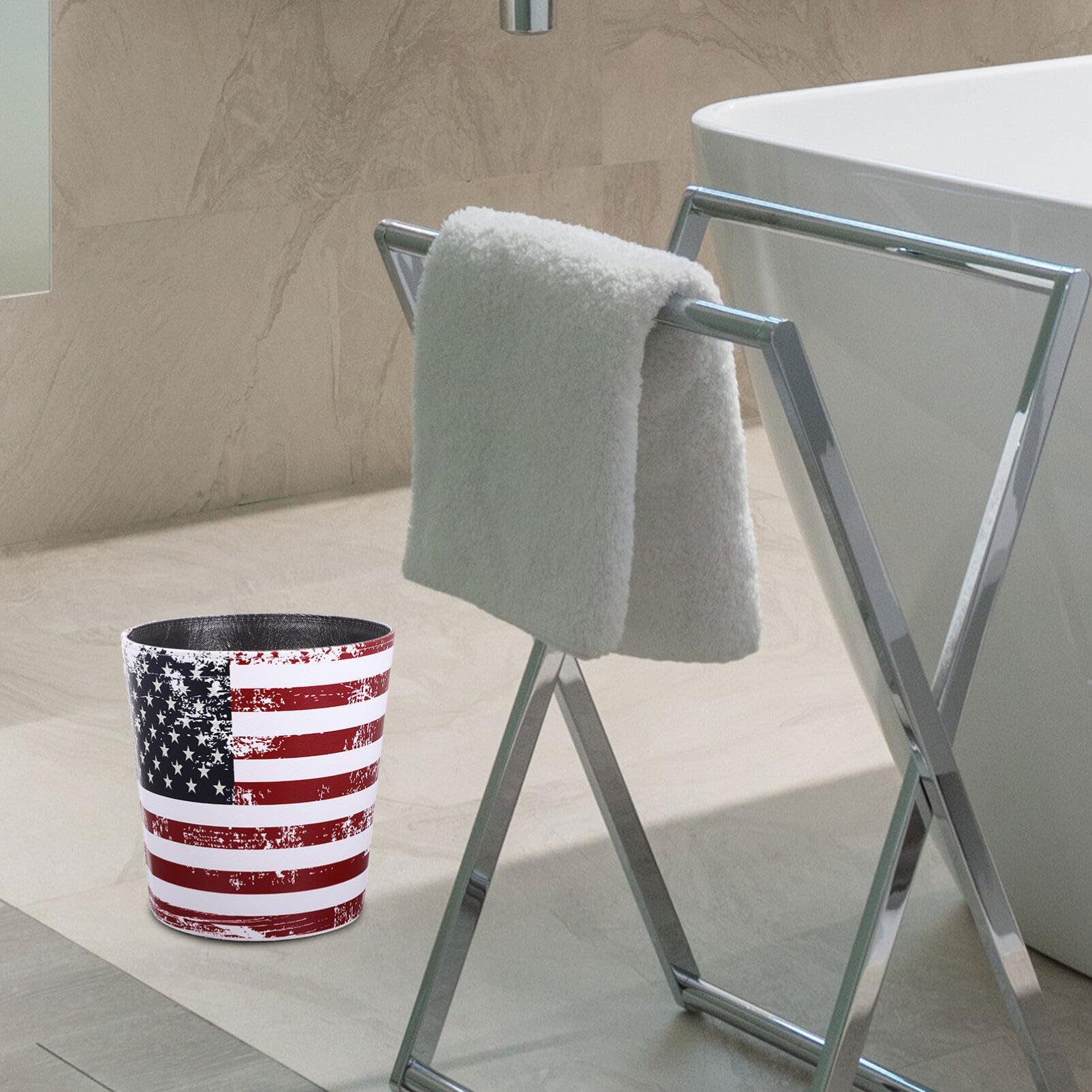 PRETYZOOM US Flag Vintage Leather Trash Can Wastebaske PU Leather Trash Bin Retro Toilet Paper Bin Garbage Can for Bathroom Kitchen Bedroom Office